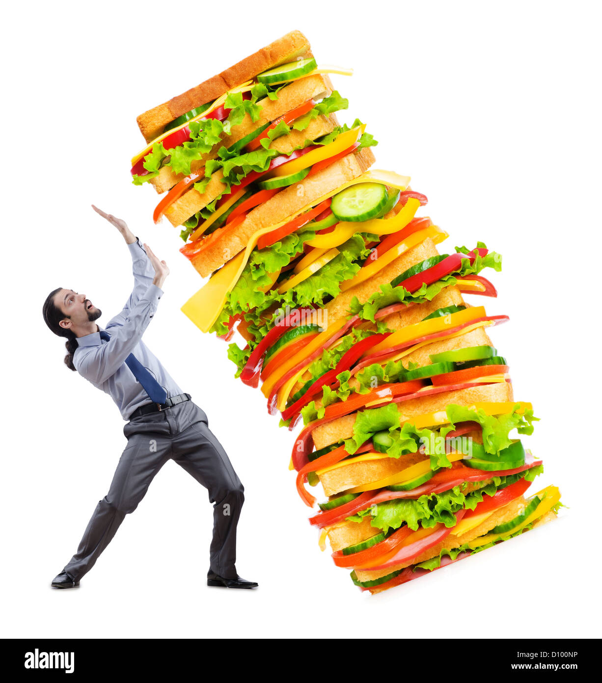 Man and giant sandwich on white Stock Photo - Alamy