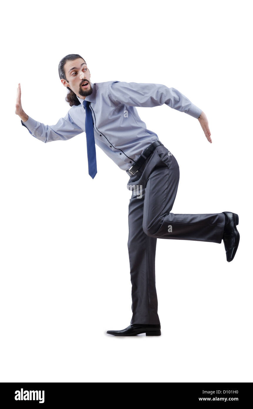 Businessman pushing away virtual obstacles Stock Photo - Alamy