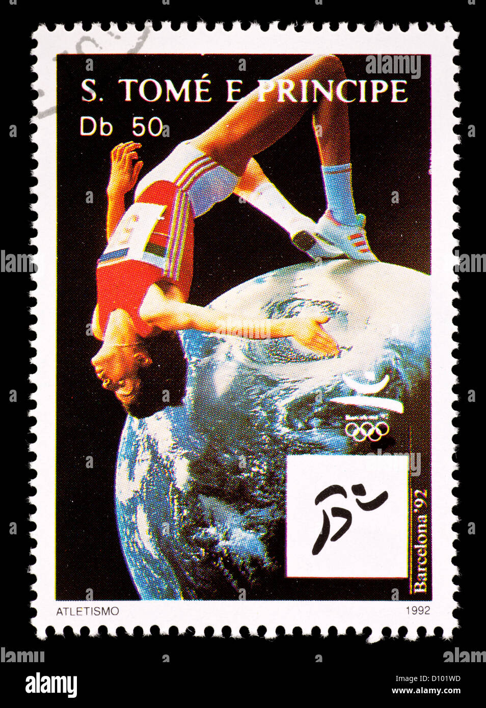 Postage stamp from Saint Thomas and Prince depicting a high jumper and ...
