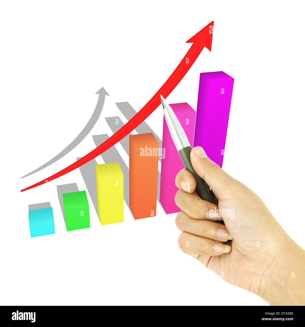 a pen pointing 3d arrow and bar graph Stock Photo - Alamy