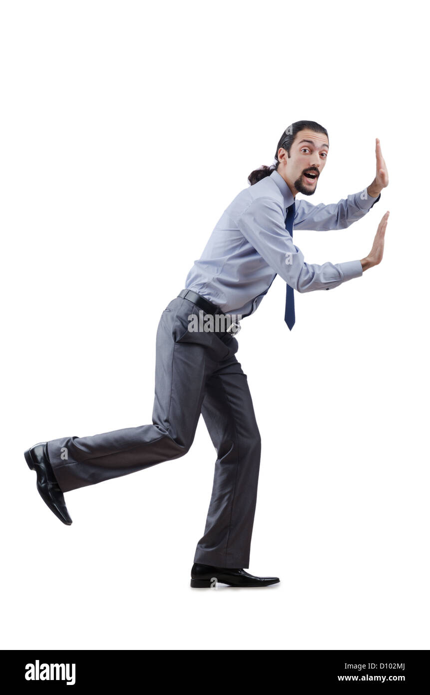 Businessman pushing away virtual obstacles Stock Photo - Alamy