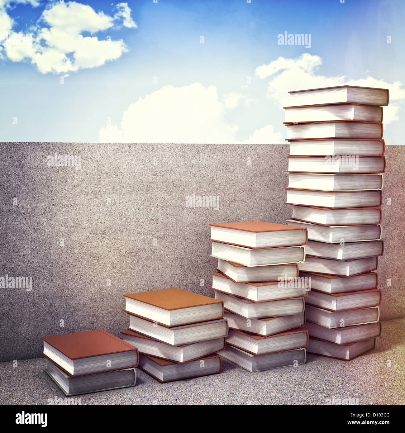 3d illustration of books piles and concrete wall Stock Photo - Alamy