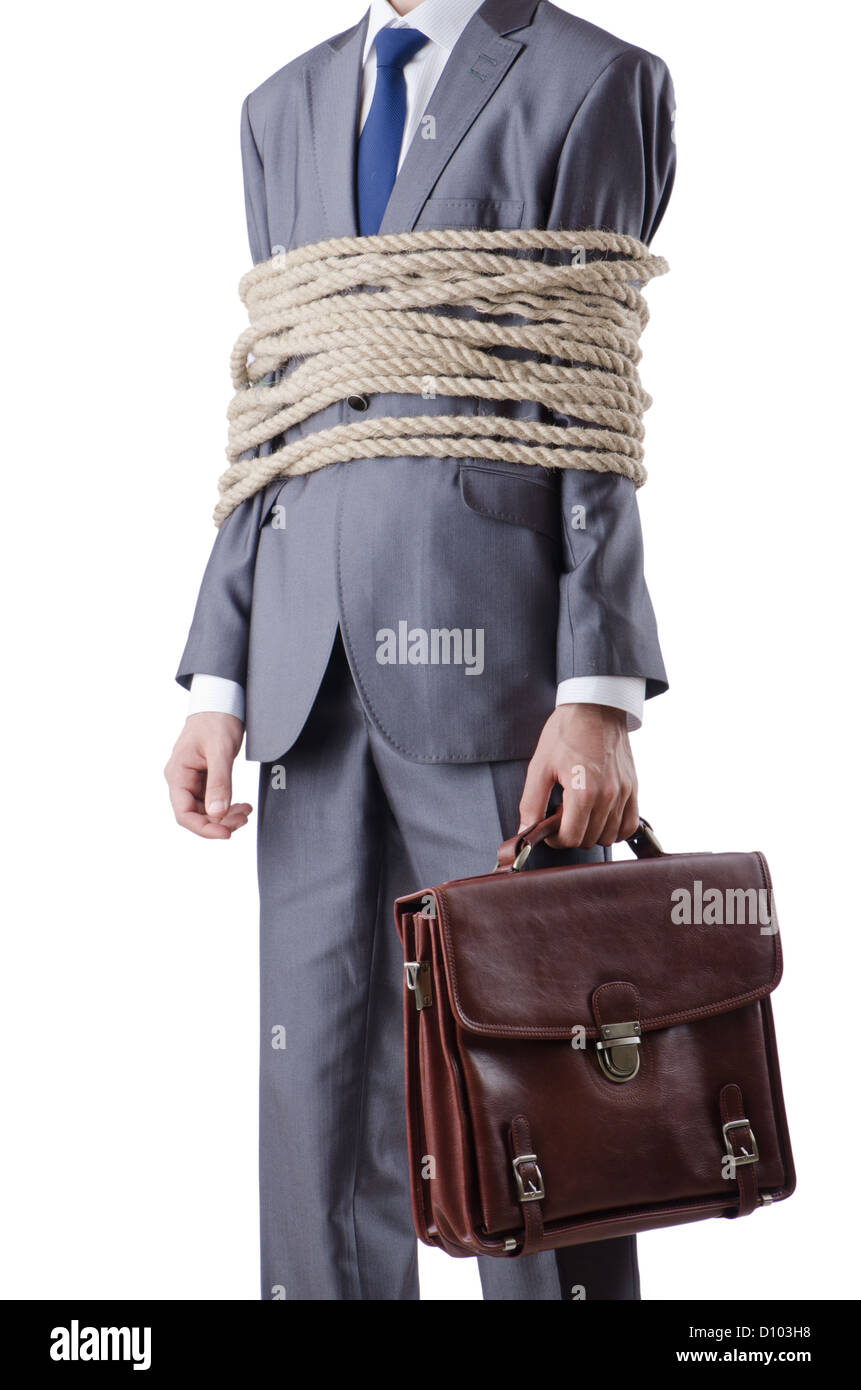 Businessman tied with rope Stock Photo - Alamy