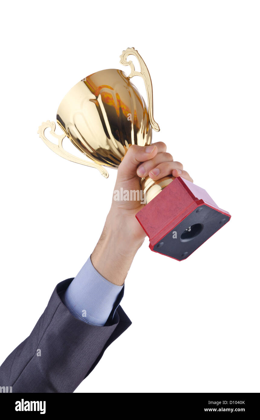Hands with winners cup on white Stock Photo - Alamy