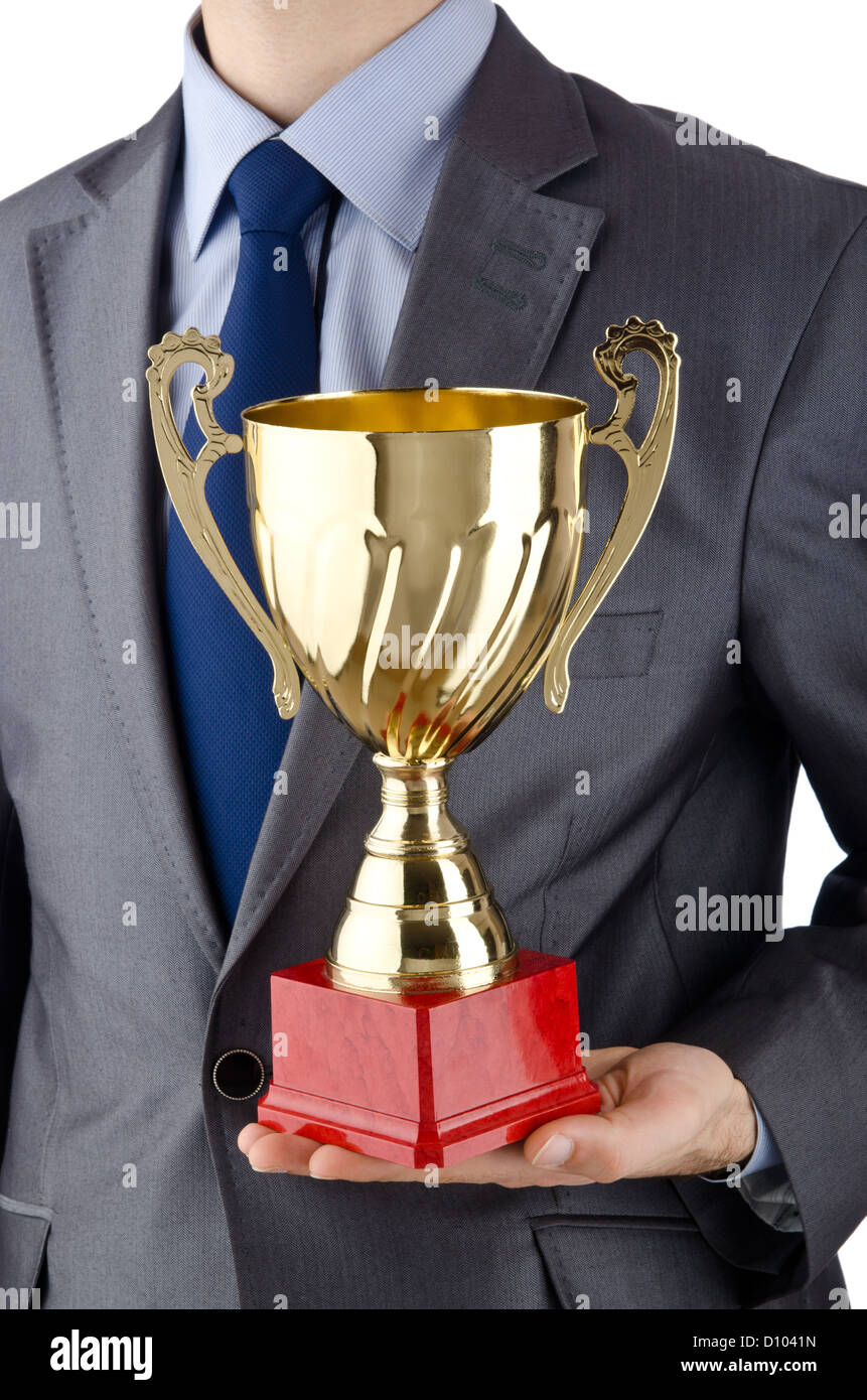 Man being awarded with golden cup Stock Photo - Alamy
