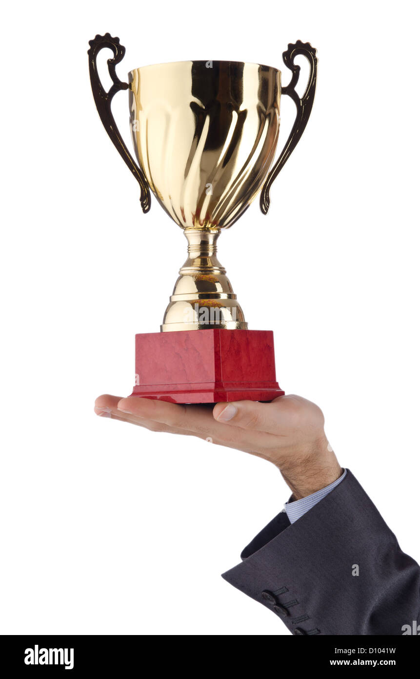 Man being awarded with golden cup Stock Photo - Alamy