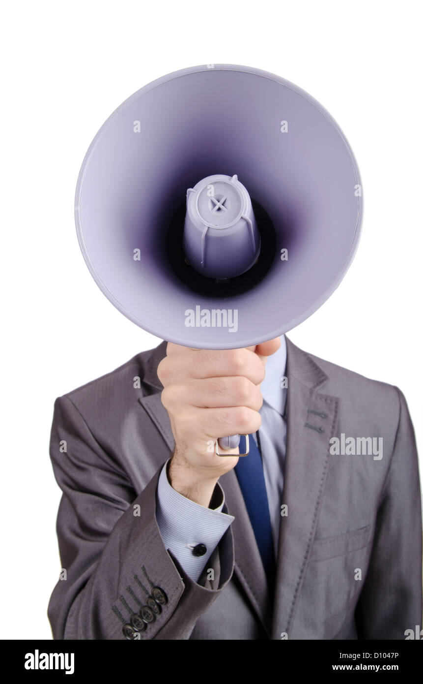 Man shouting and yelling with loudspeaker Stock Photo - Alamy
