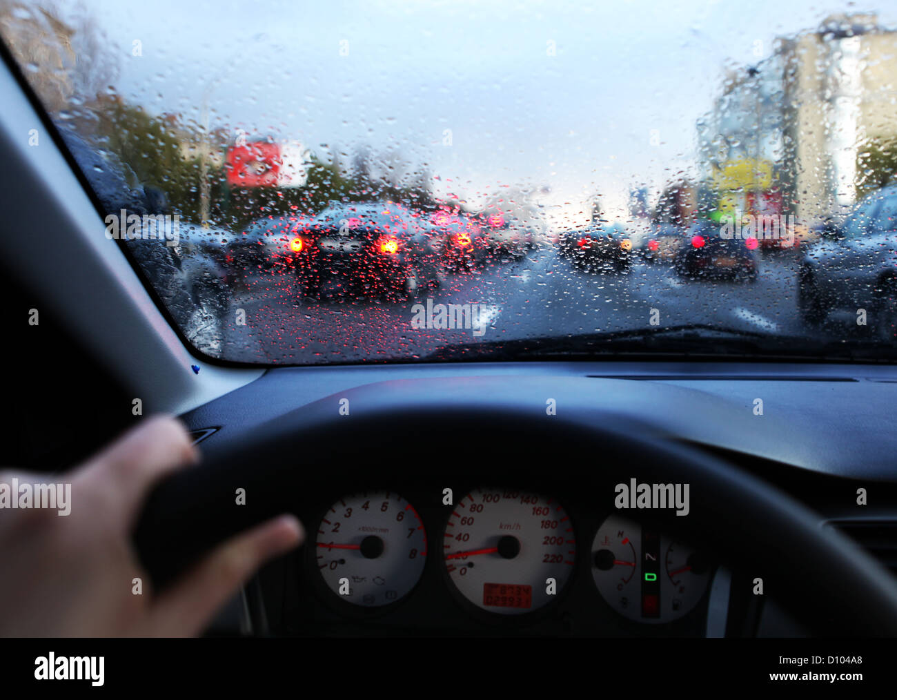 dashboard of car and rain drops on windshield Stock Photo - Alamy