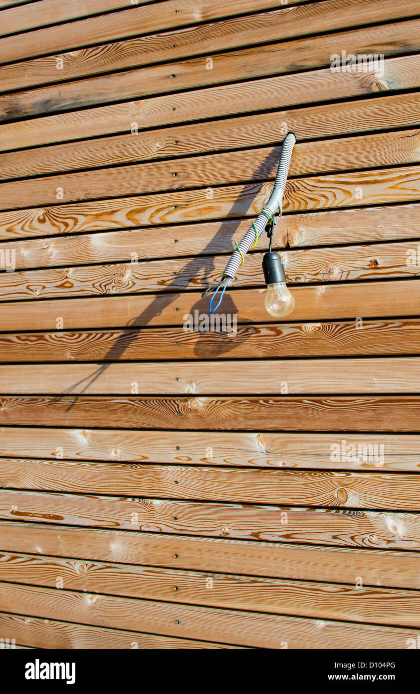 Construction Light Bulb On Wooden Wall Stock Photo - Alamy