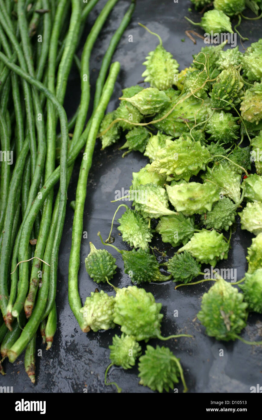 Bitter gourd and long beans are for sale in Miao market Stock Photo - Alamy