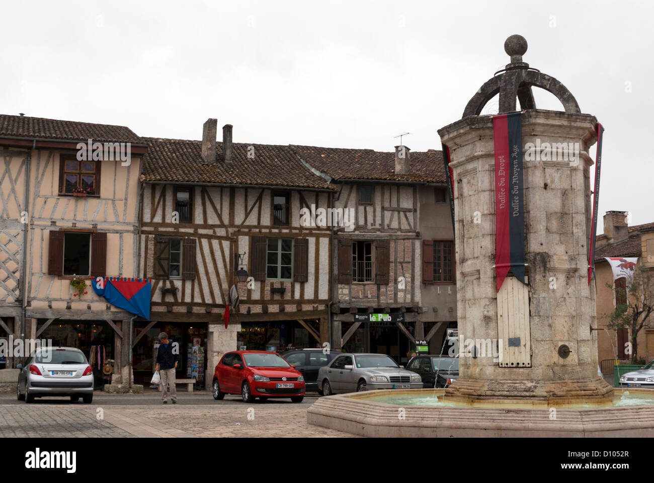 The traditional main square in Eymet, in the Dordogne region of France ...