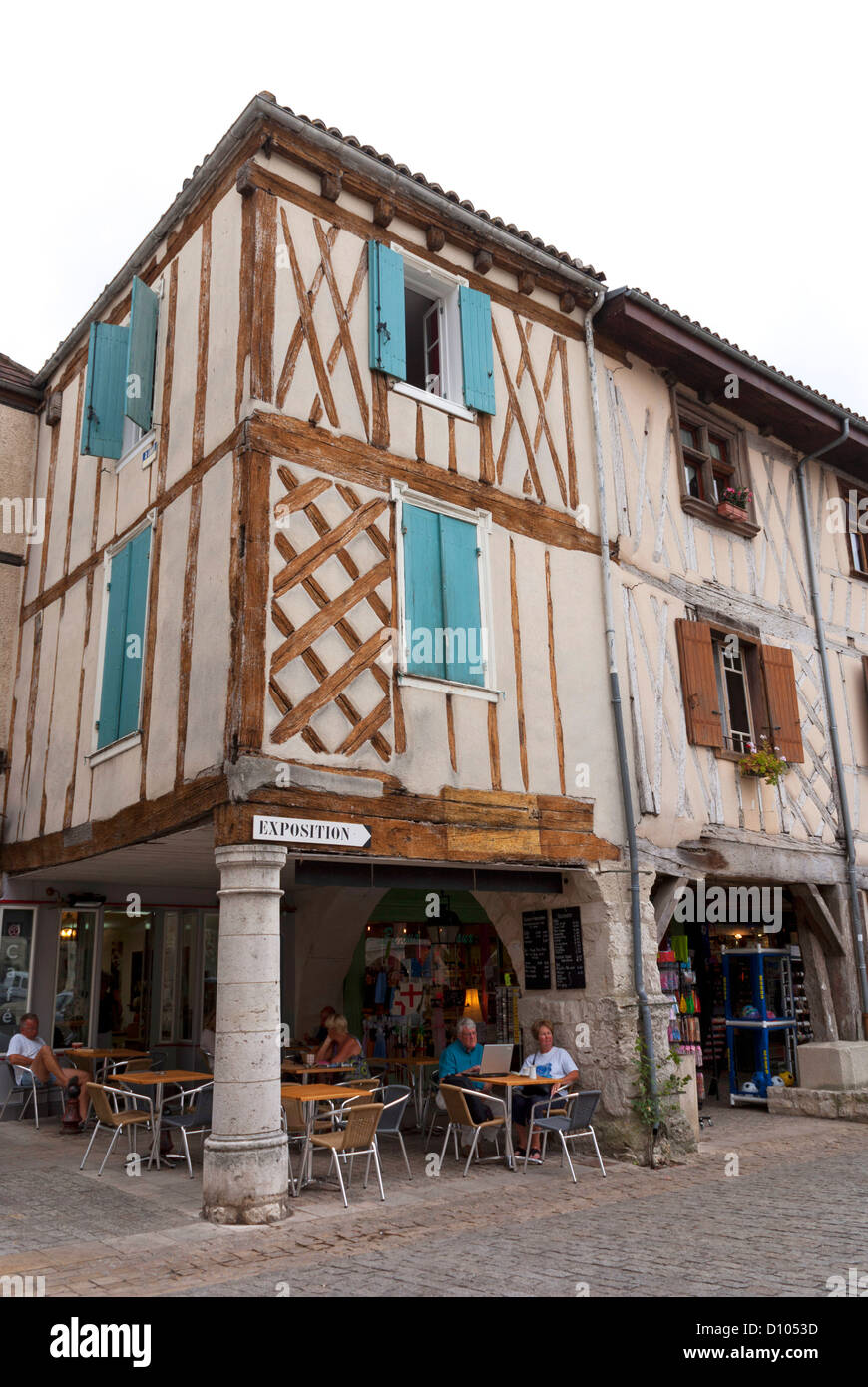A cafe in the main square in Eymet, in the Dordogne region of France ...
