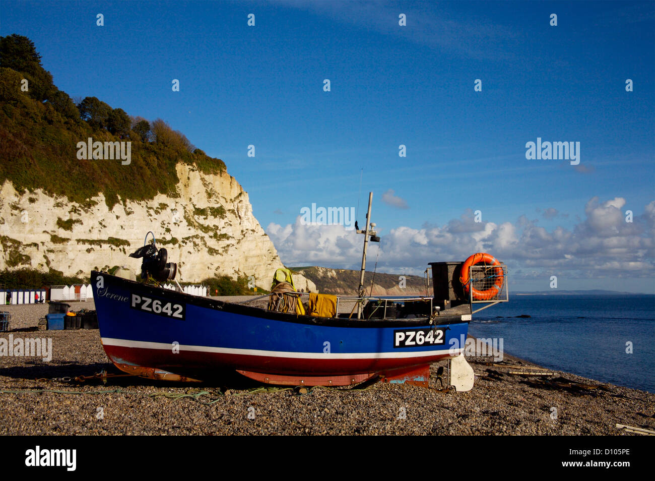 Fishing boat on beach in Beer, Devon Stock Photo - Alamy