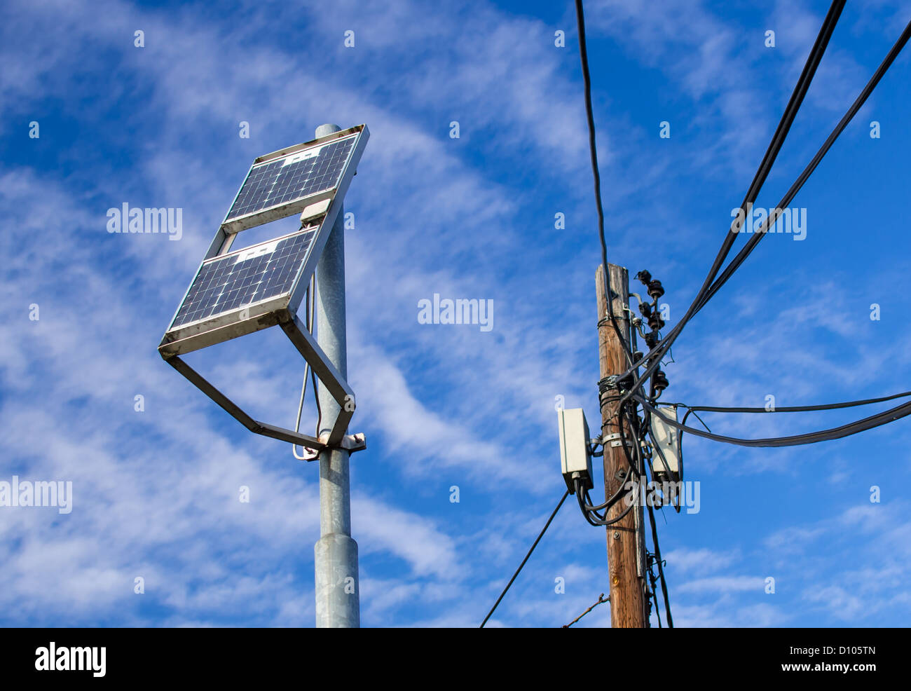 Pole With Electric Cables And Solar Photovoltaic Panel For Renewable ...