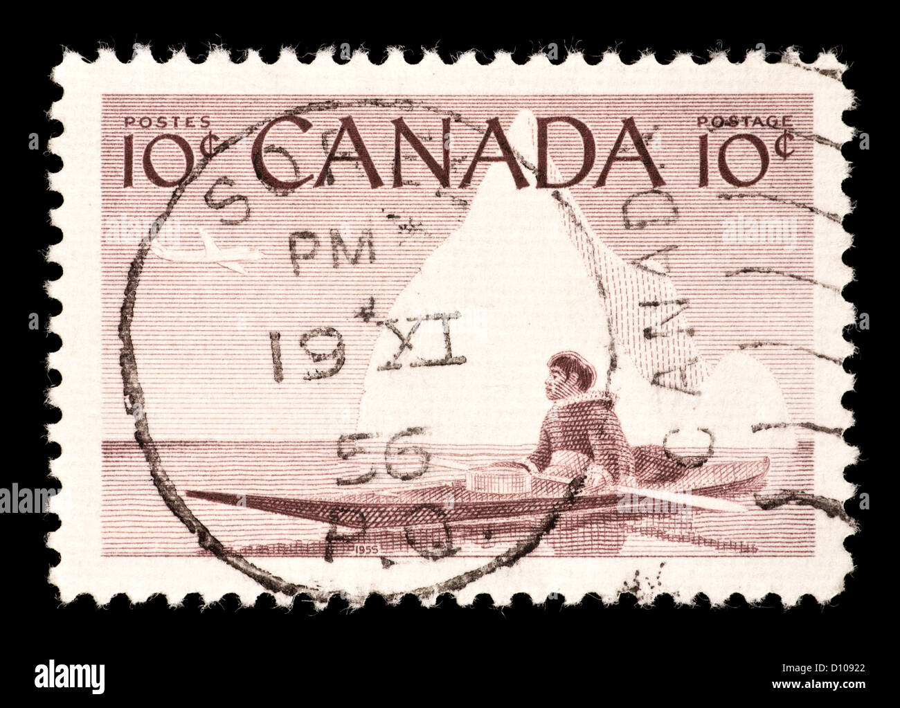 Postage stamp from Canada depicting a Inuit hunter in a kayak Stock ...