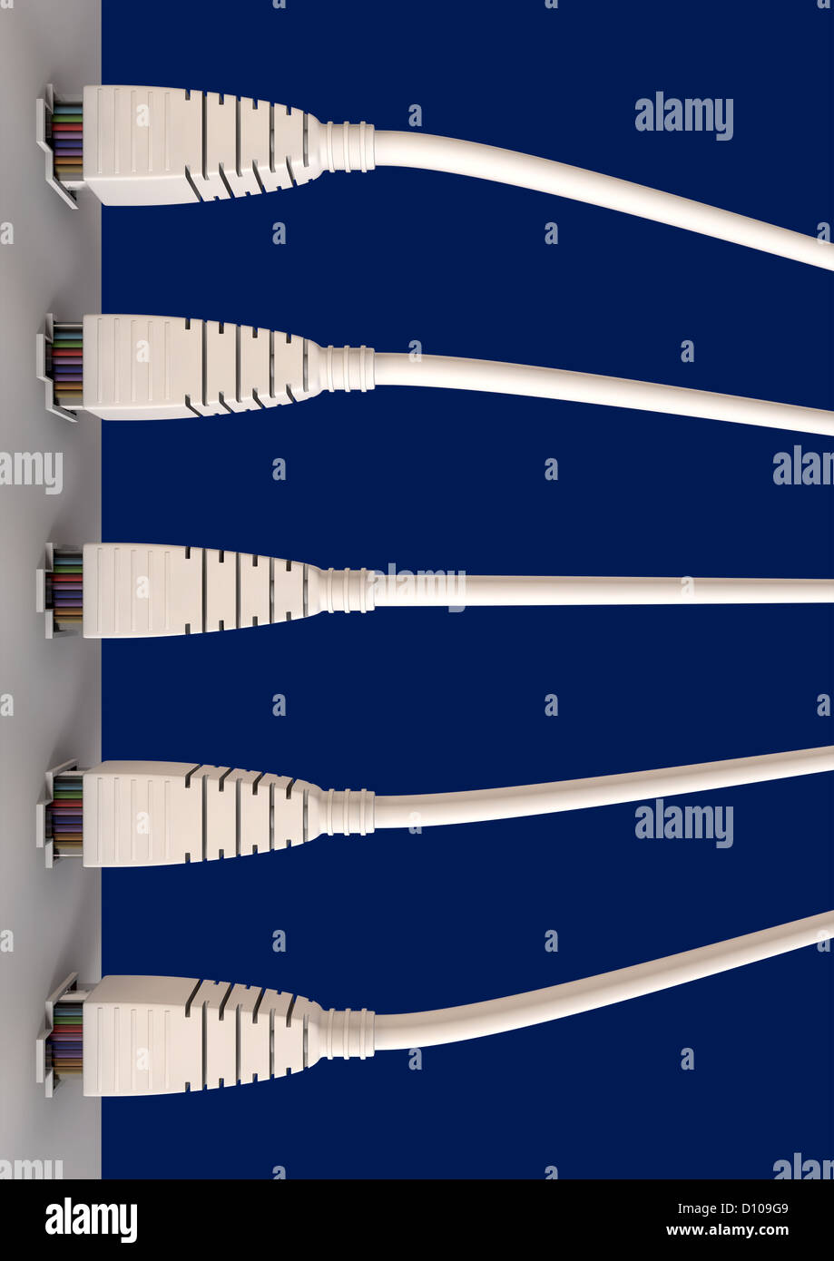 A top view close-up of five ethernet plugs plgged into a ethernet port ...