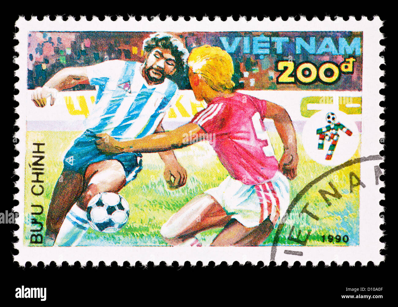 Postage stamp from Vietnam depicting two soccer players Stock Photo - Alamy