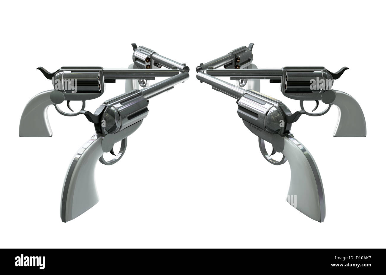 6 handguns all pointing towards each other in a standoff isolated on a ...