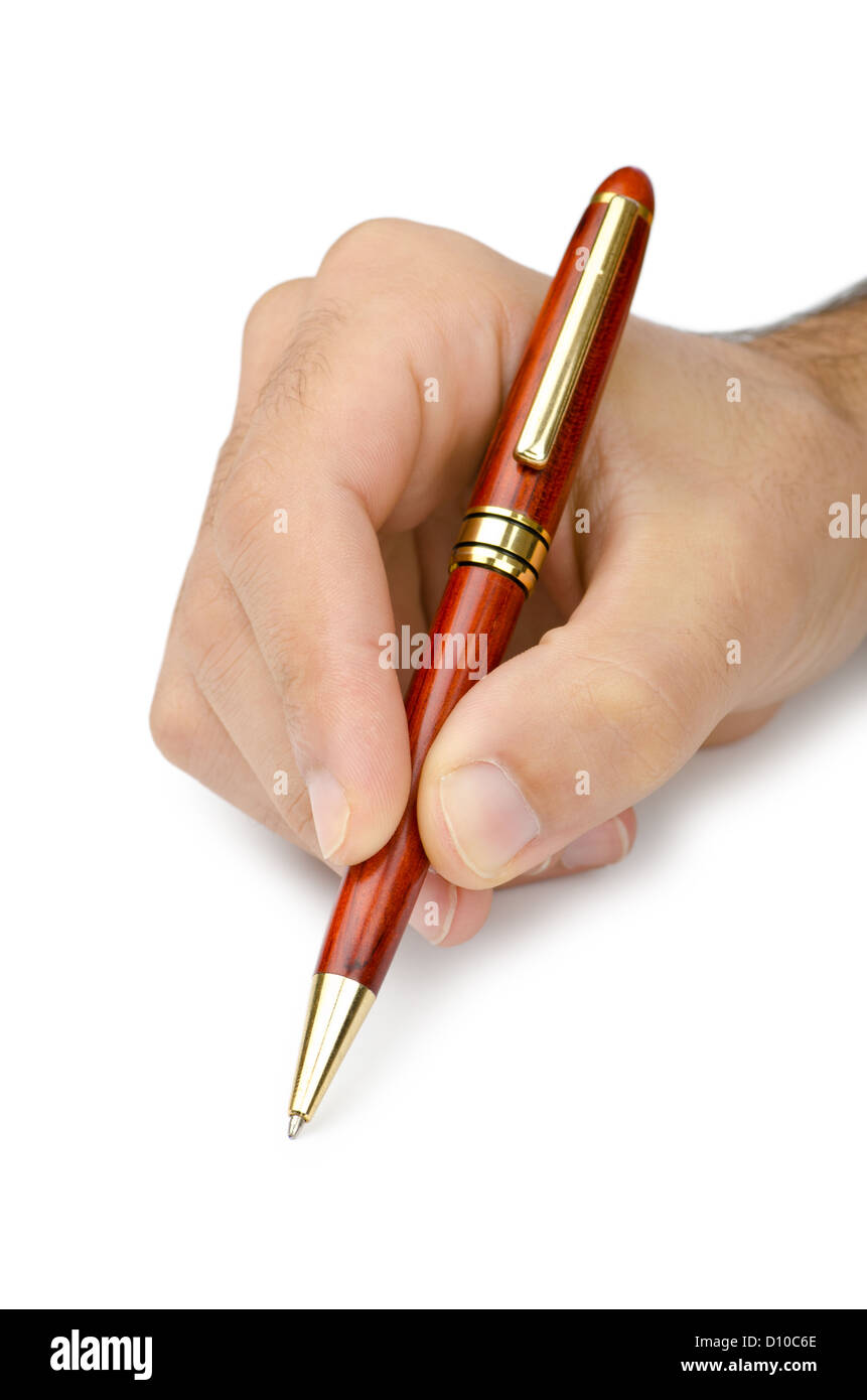 Hand with pen writing on white Stock Photo - Alamy