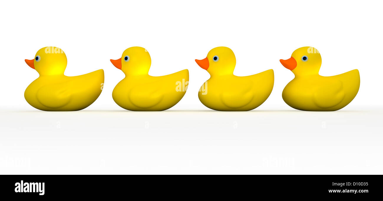 A front view of a row of four organised and ready yellow rubber ducks ...