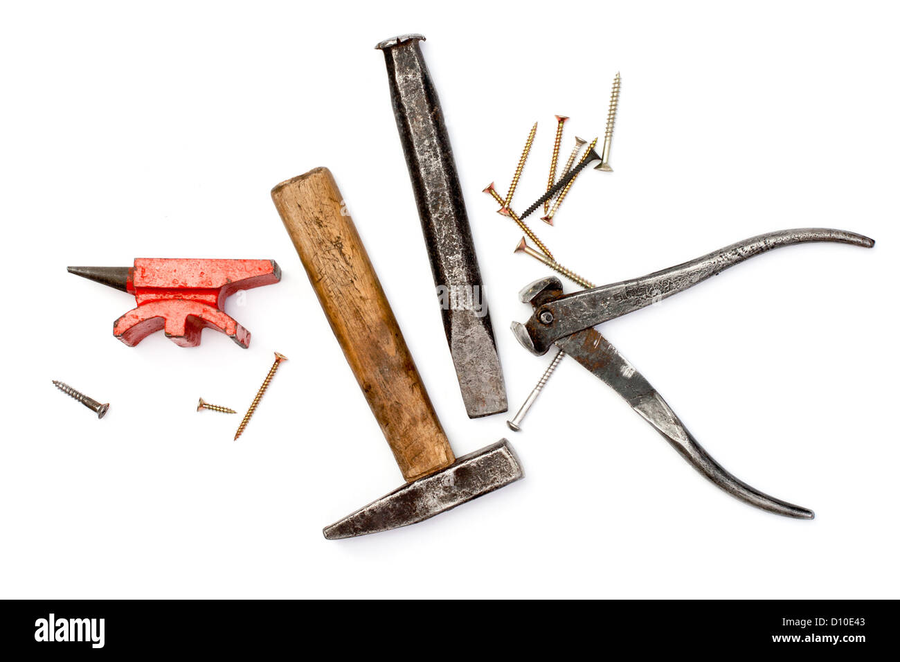 vintage work tools scattered on a white background Stock Photo - Alamy