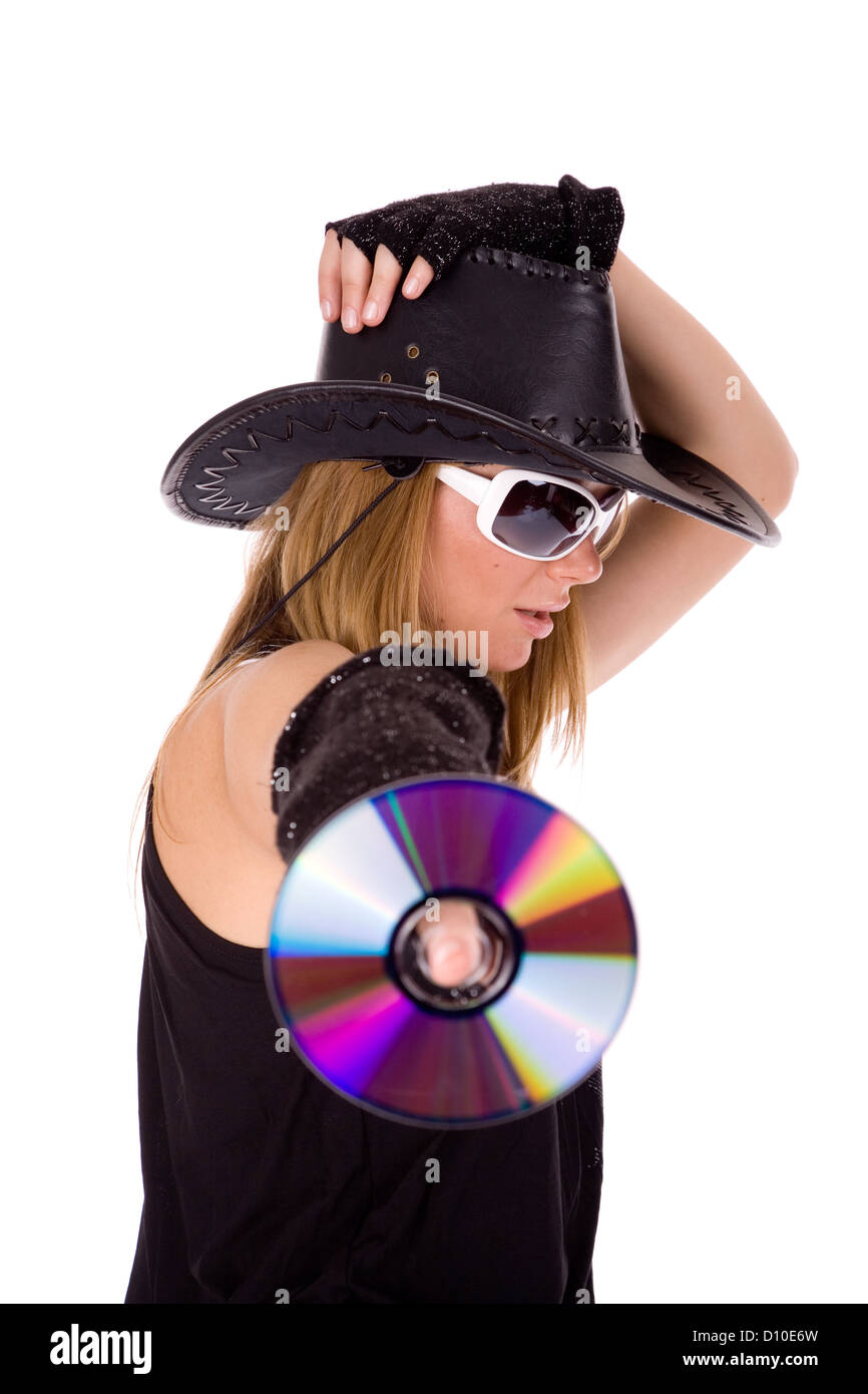 Music girl holding CD media Stock Photo - Alamy