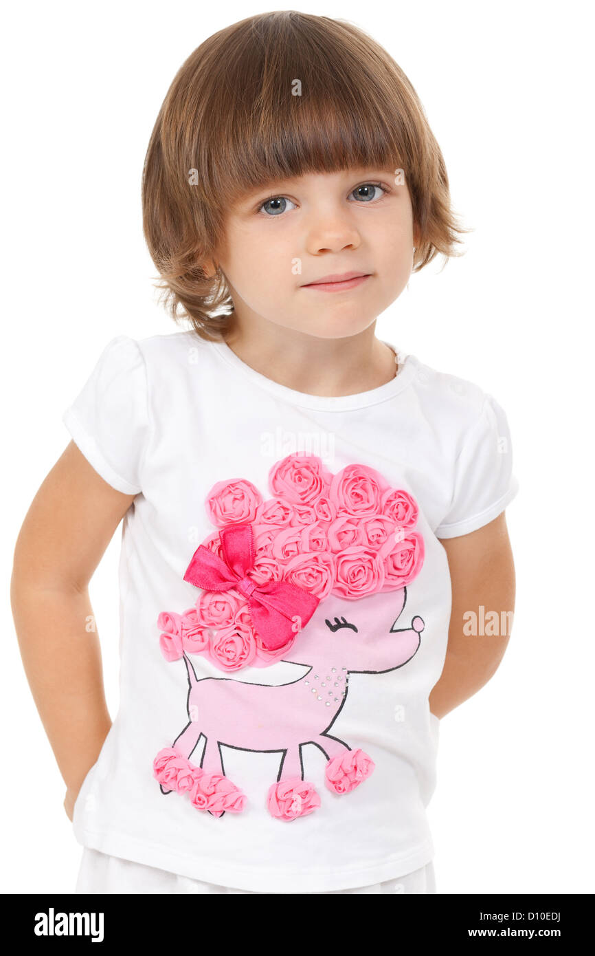 Studio portrait of a girl four years in dressy clothes. Isolate on ...