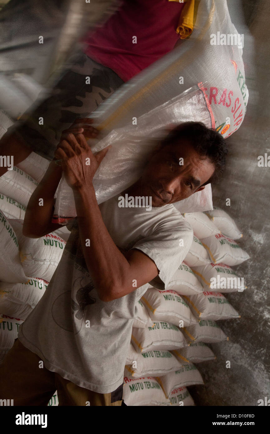 Workers loading sacks of rice at exporter's warehouse. Indonesia Stock ...