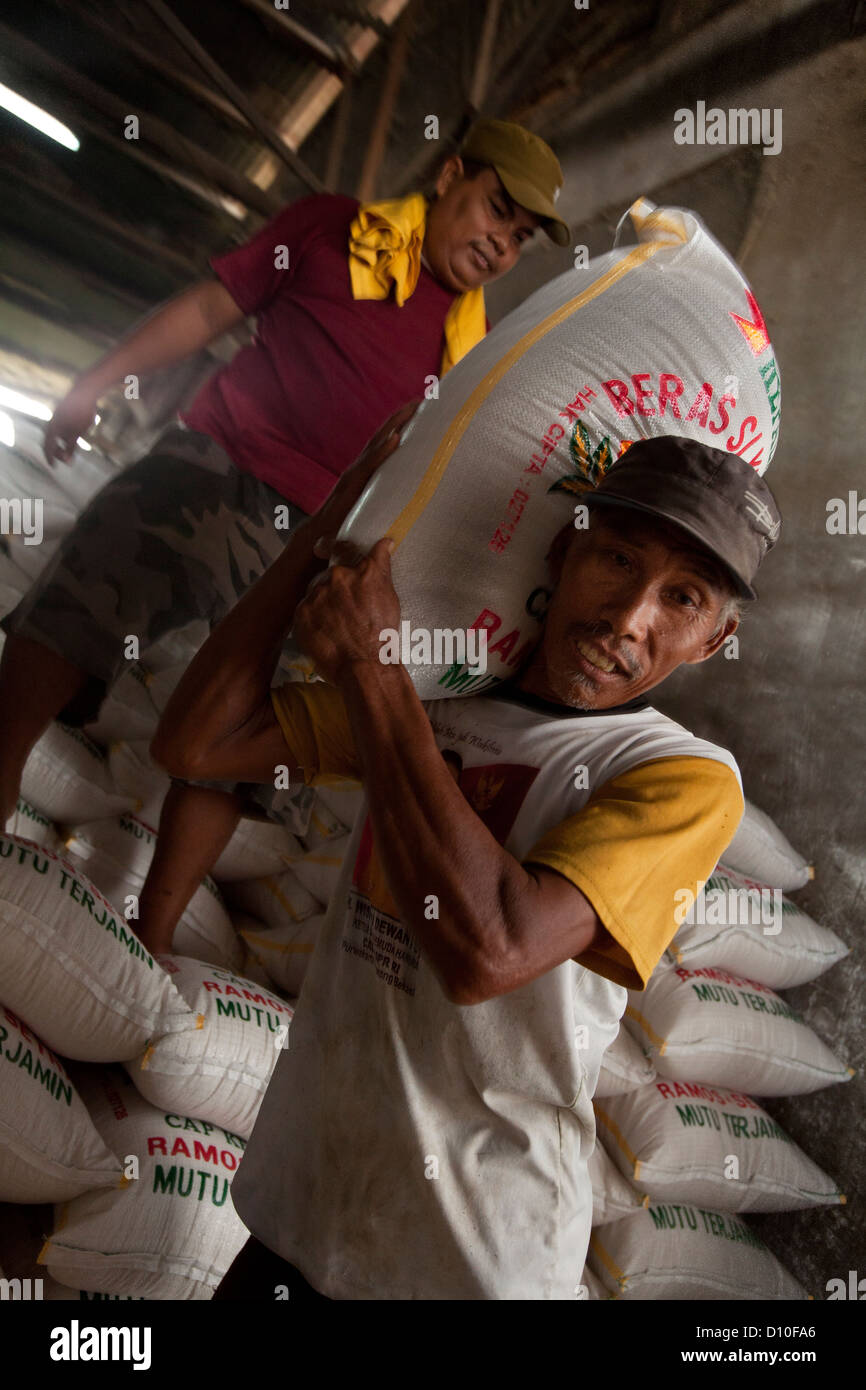 Workers loading sacks of rice at exporter's warehouse. Indonesia Stock ...