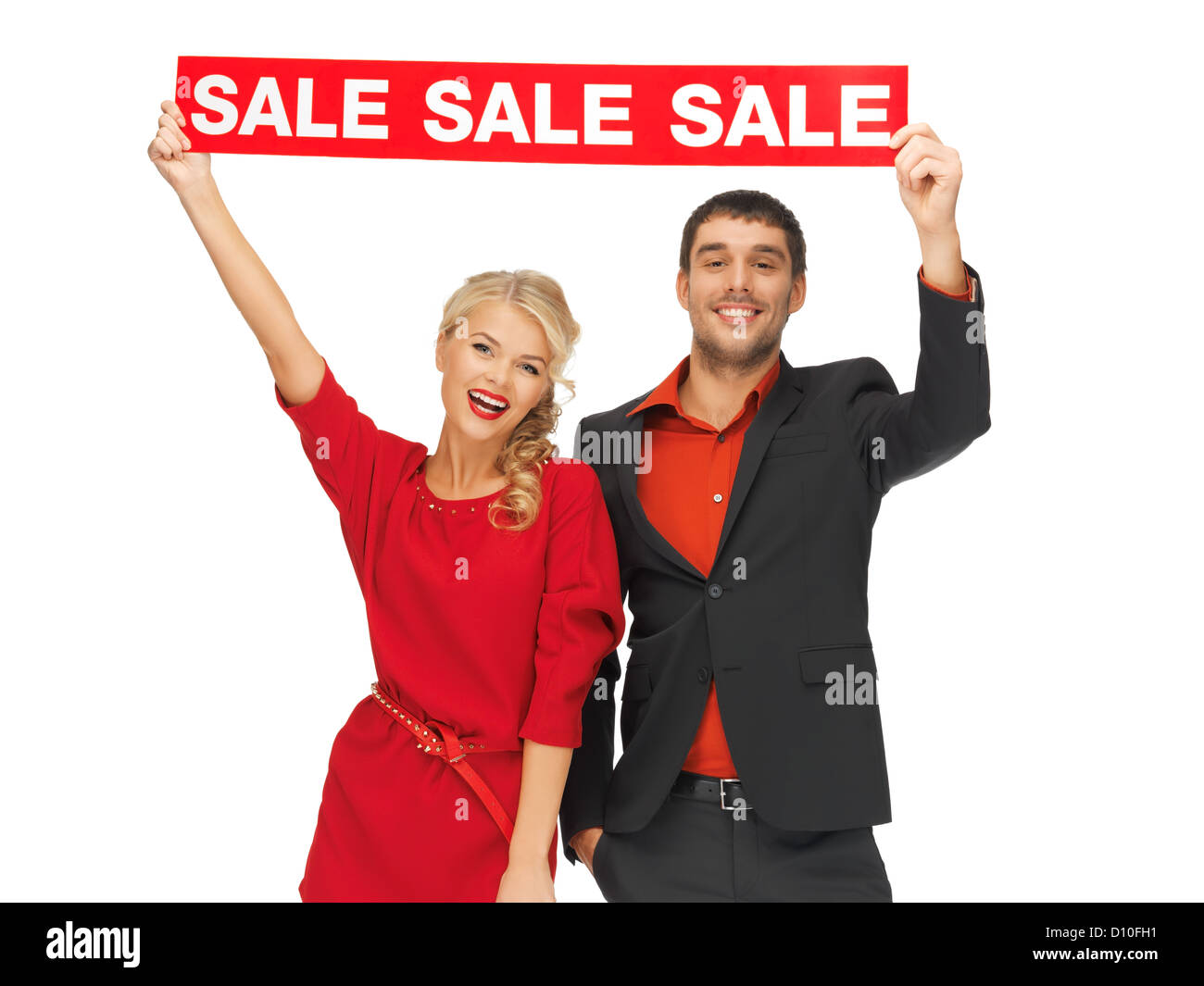 man and woman with sale sign Stock Photo - Alamy