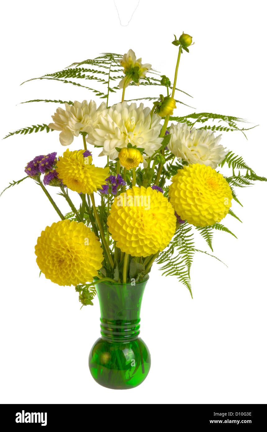 Flower arrangement with ferns and flowers in green vase Stock Photo - Alamy