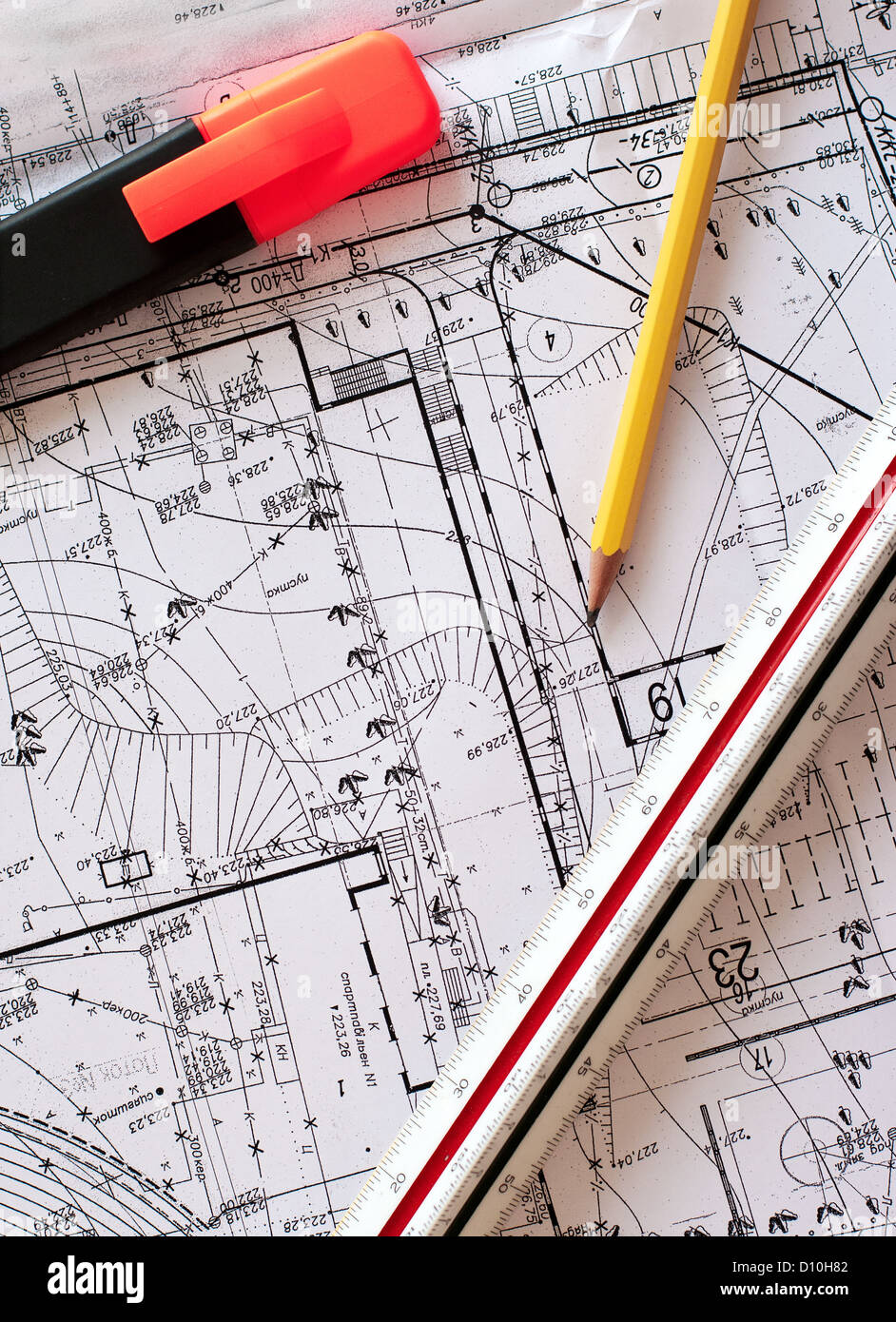 engineer tools on a blueprints. drawing instruments Stock Photo - Alamy