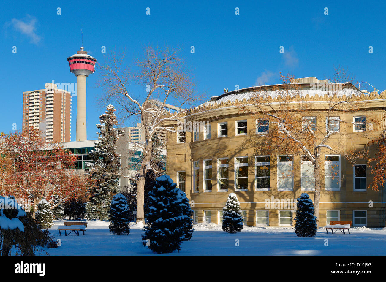 Memorial Park Library and the Calgary Tower in winter, Calgary, Alberta ...