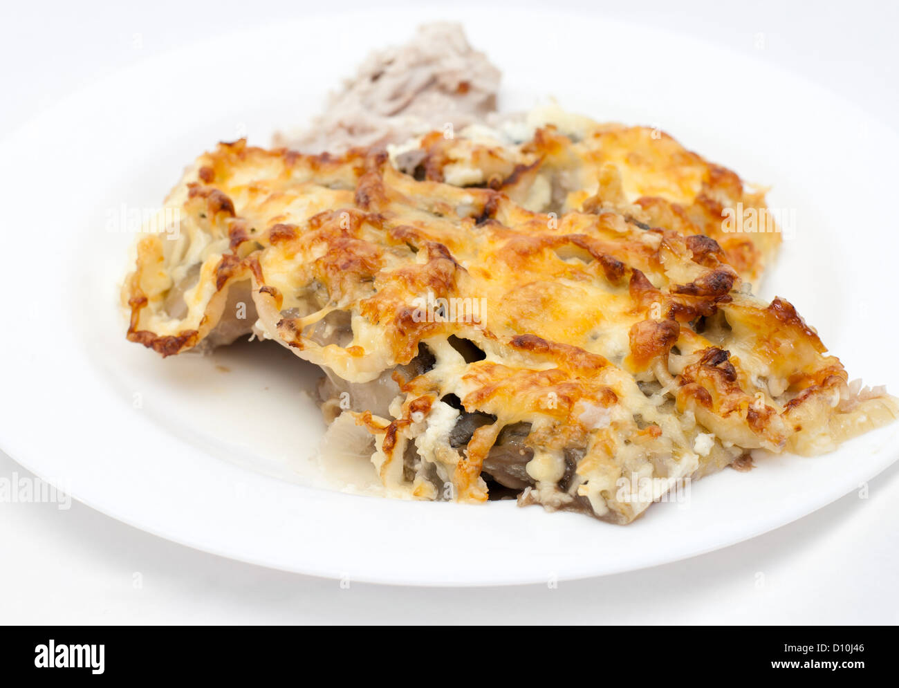 fish baked under cheese on a white plate Stock Photo - Alamy