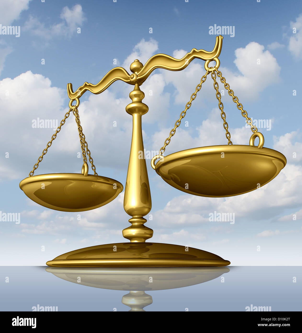 Justice scale of law made of chrome metal on a sky background as a ...