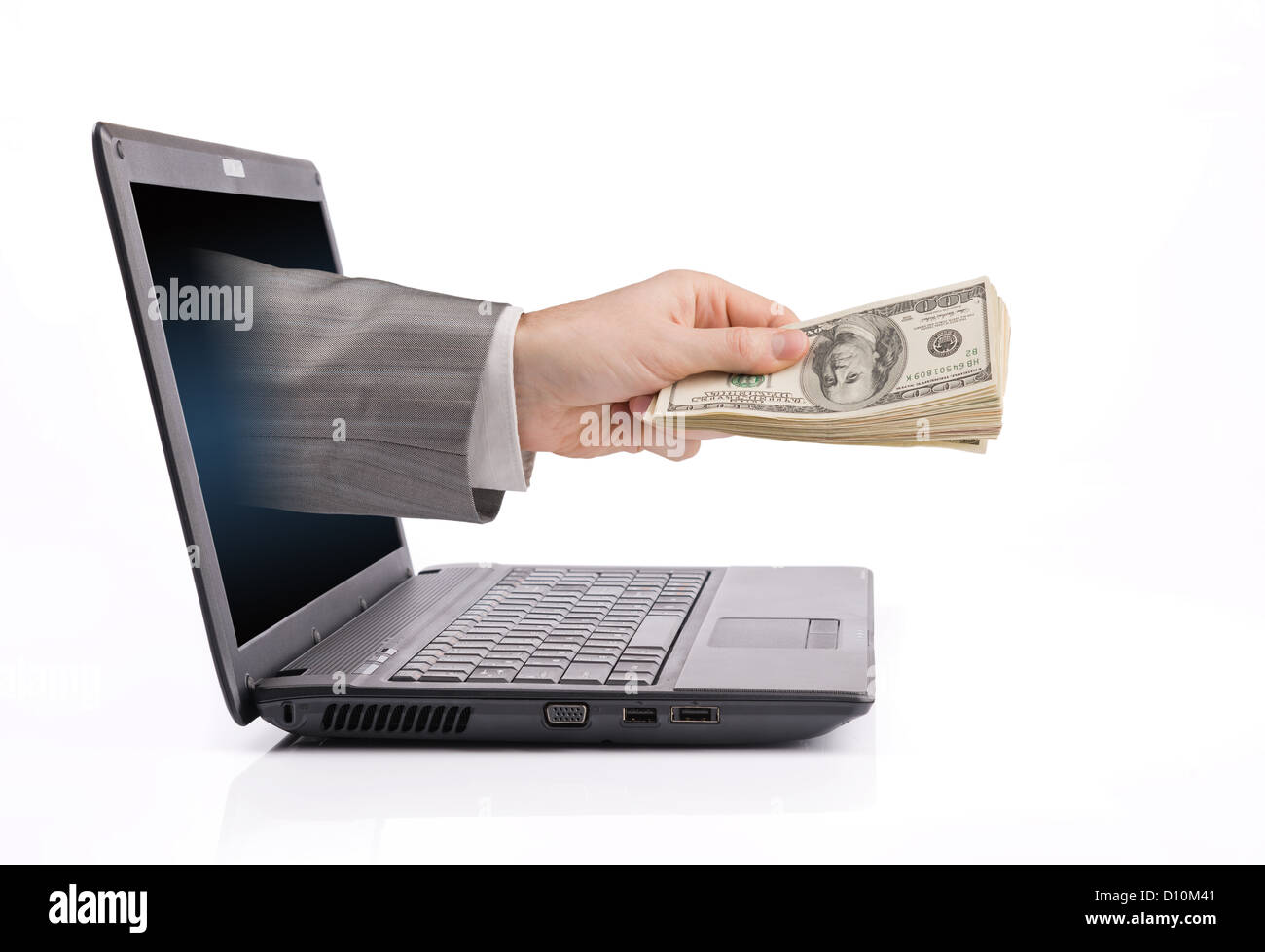 Male hand from laptop screen giving money Stock Photo - Alamy