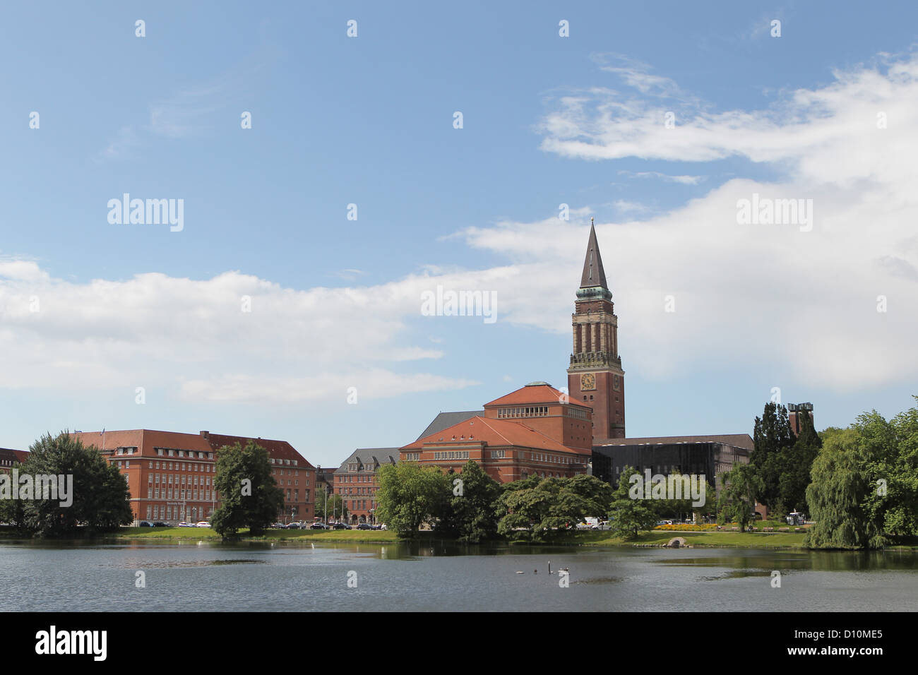 Kiel, Germany, view over a small keel with the Kiel City Hall Tower and ...