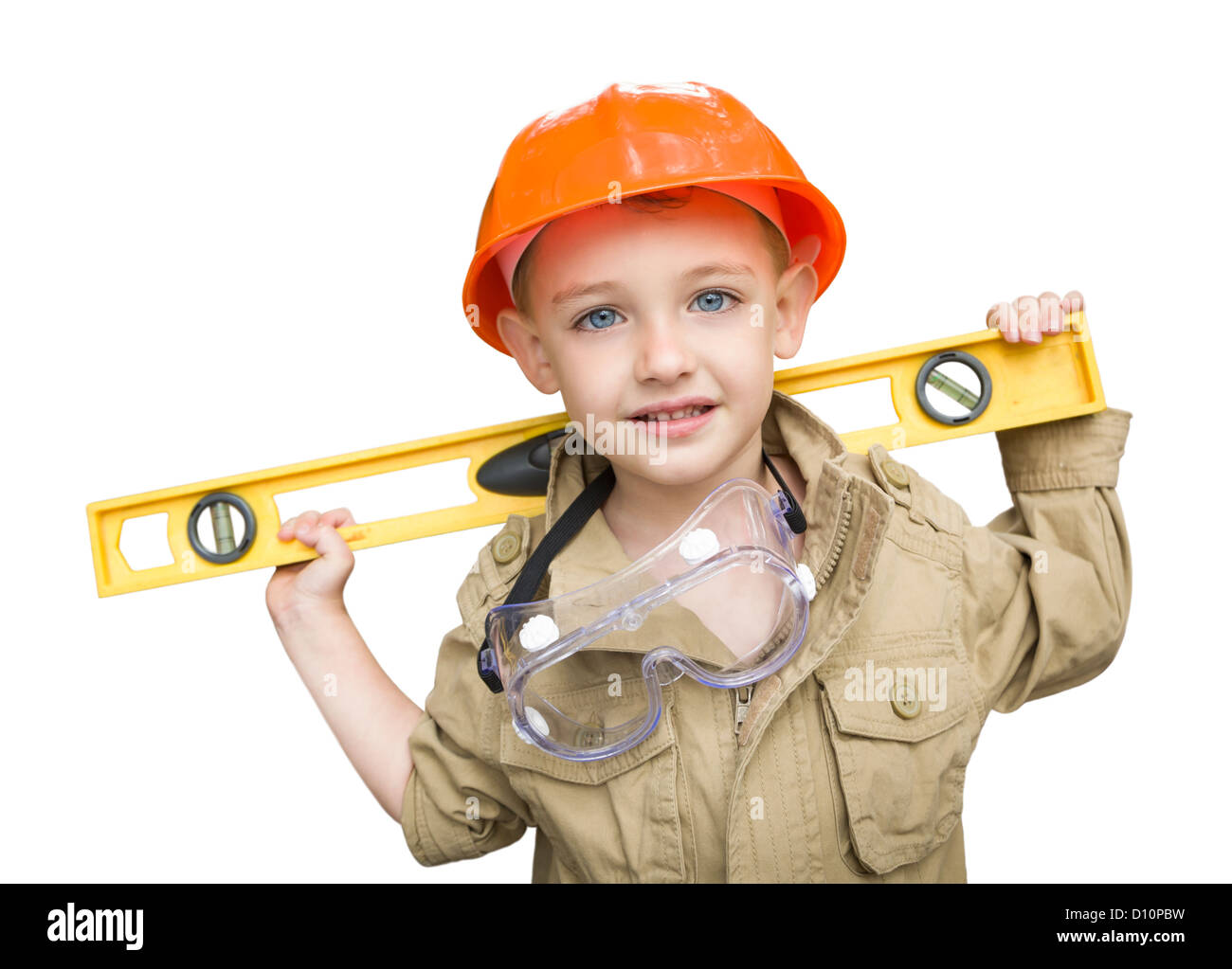 Happy Adorable Child Boy with Level, Hard Hat and Goggles Playing ...