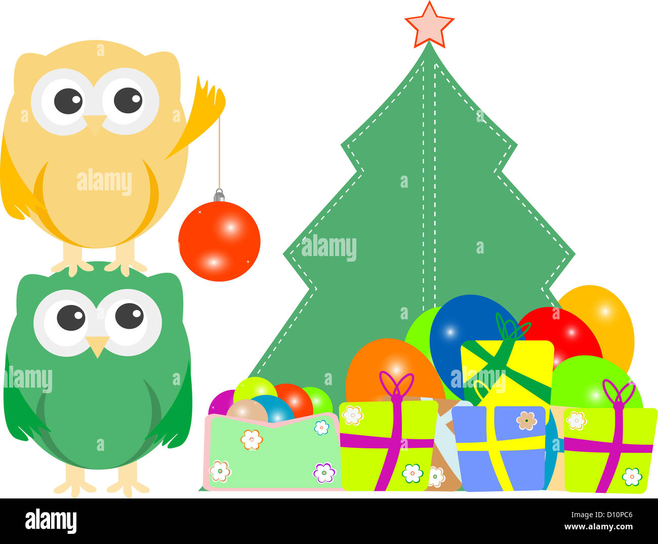 owl family with christmas tree, balls, balloons and gift boxes Stock ...