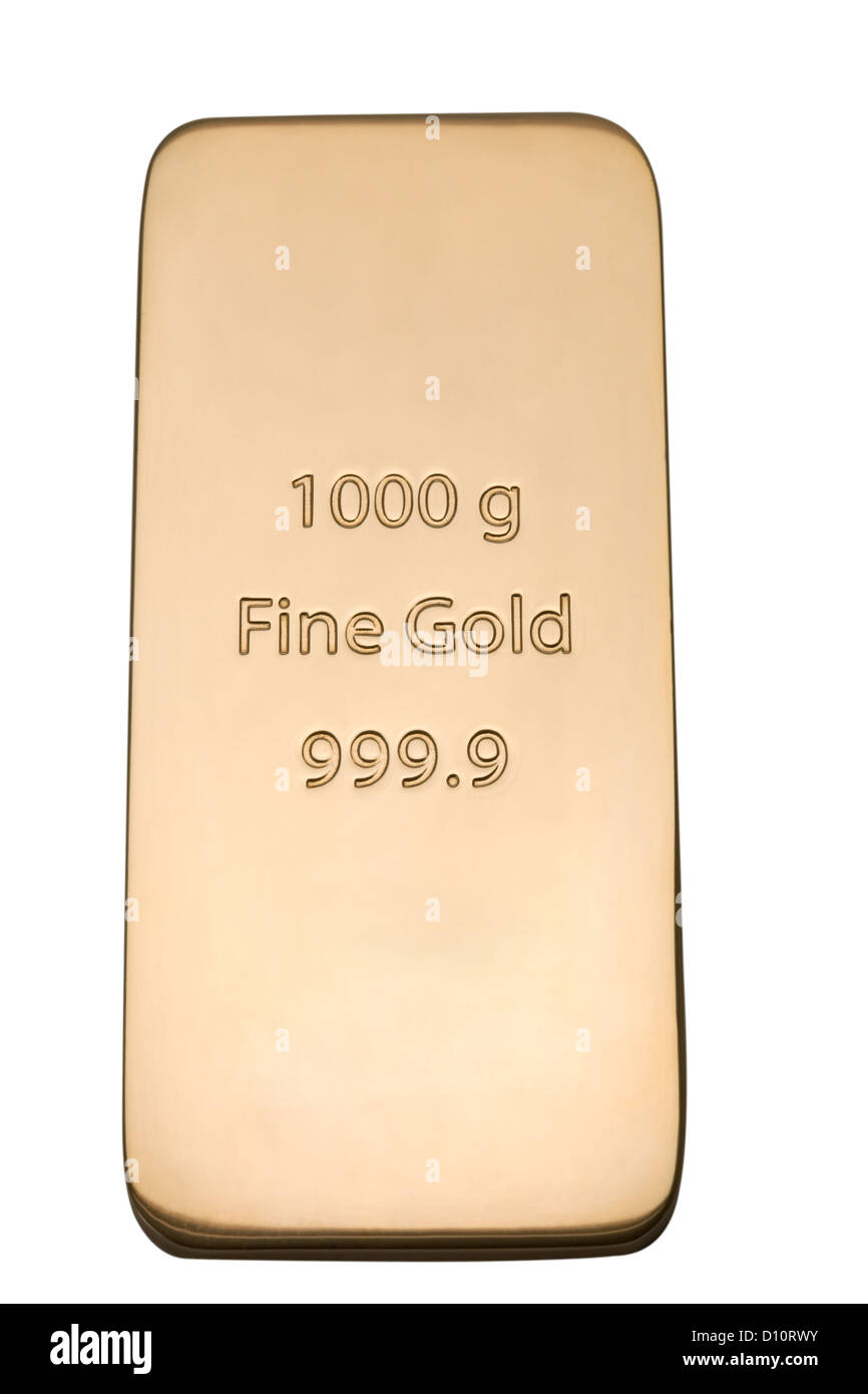 Ingot of gold in weight of 1000 gramme. Isolated on a white background ...