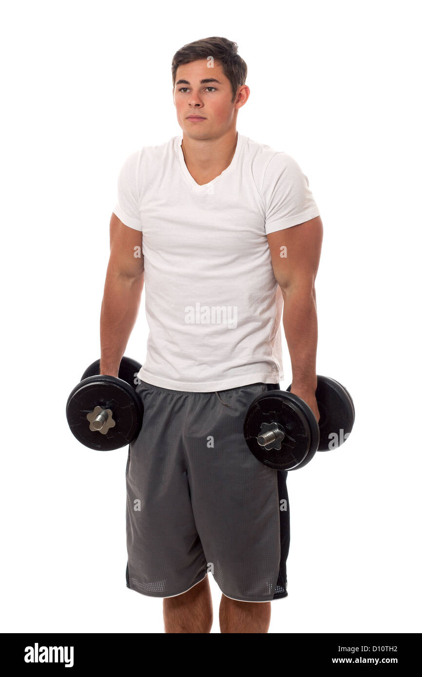 Young man lifting weights. Studio shot over white Stock Photo - Alamy