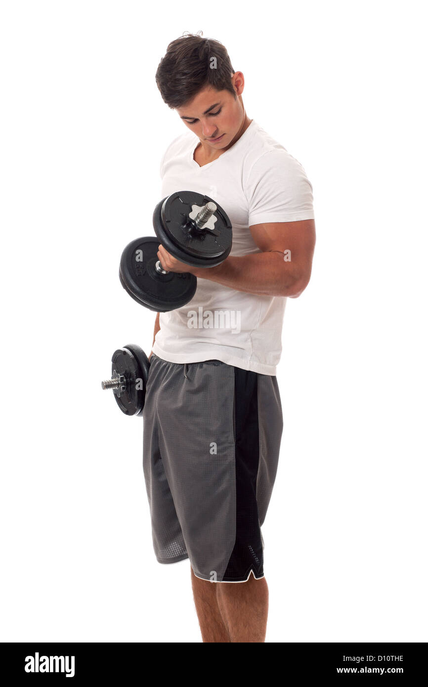 Young man lifting weights. Studio shot over white Stock Photo - Alamy