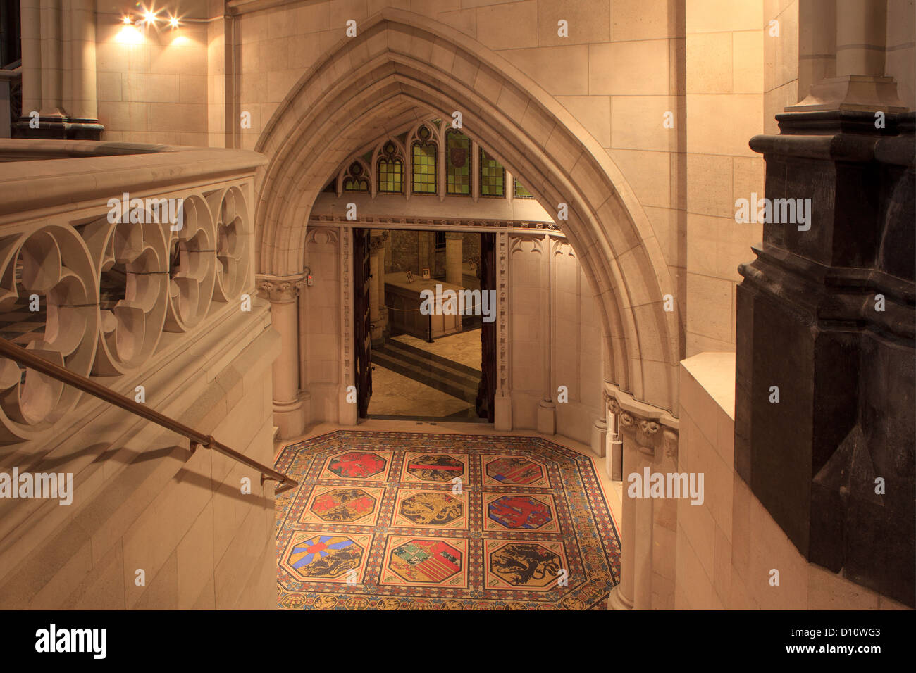 The main entrance to the Royal Crypt in Laeken, Belgium with the coats ...