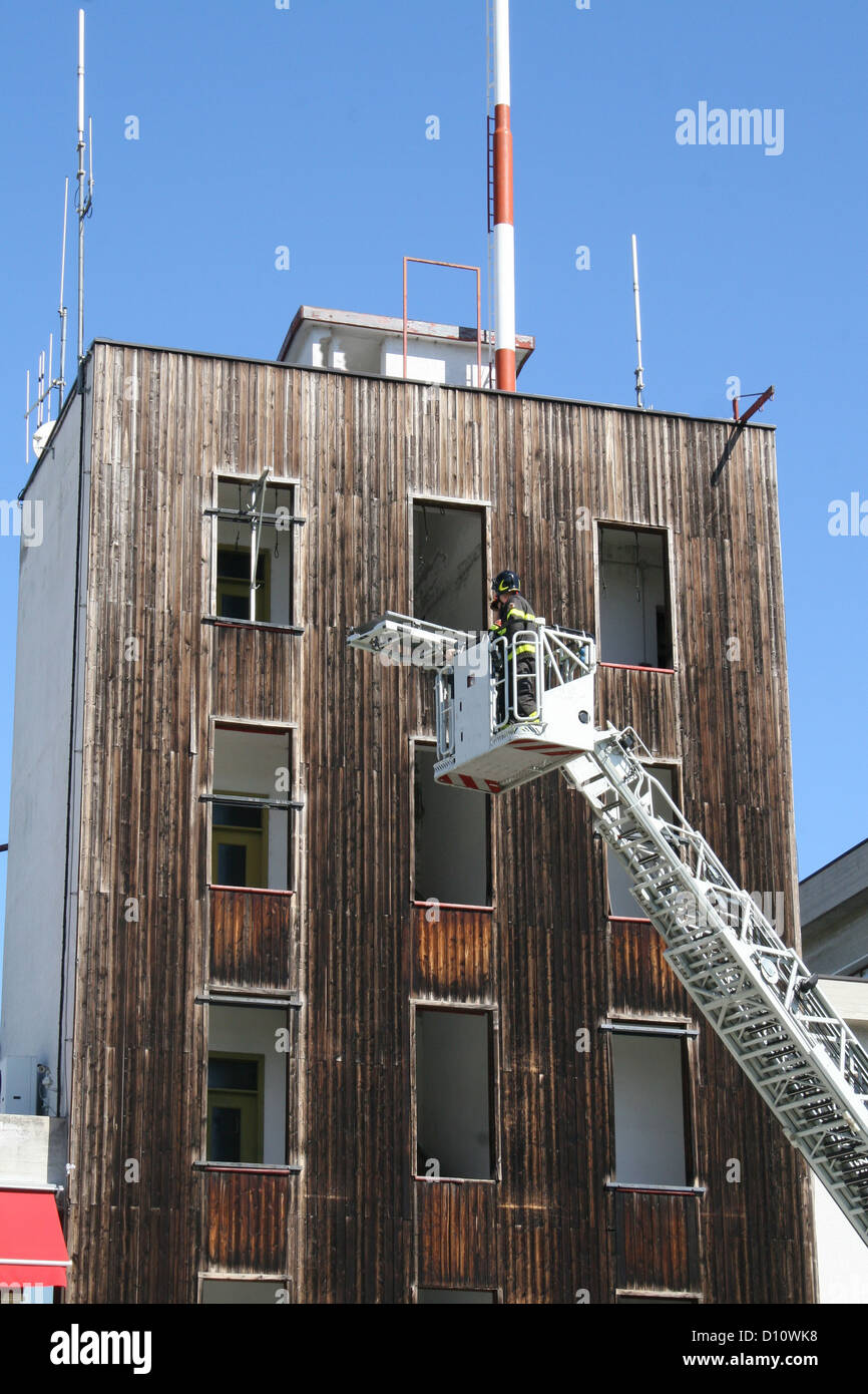 Italian fire trucks ladder truck during a rescue mission Stock Photo ...