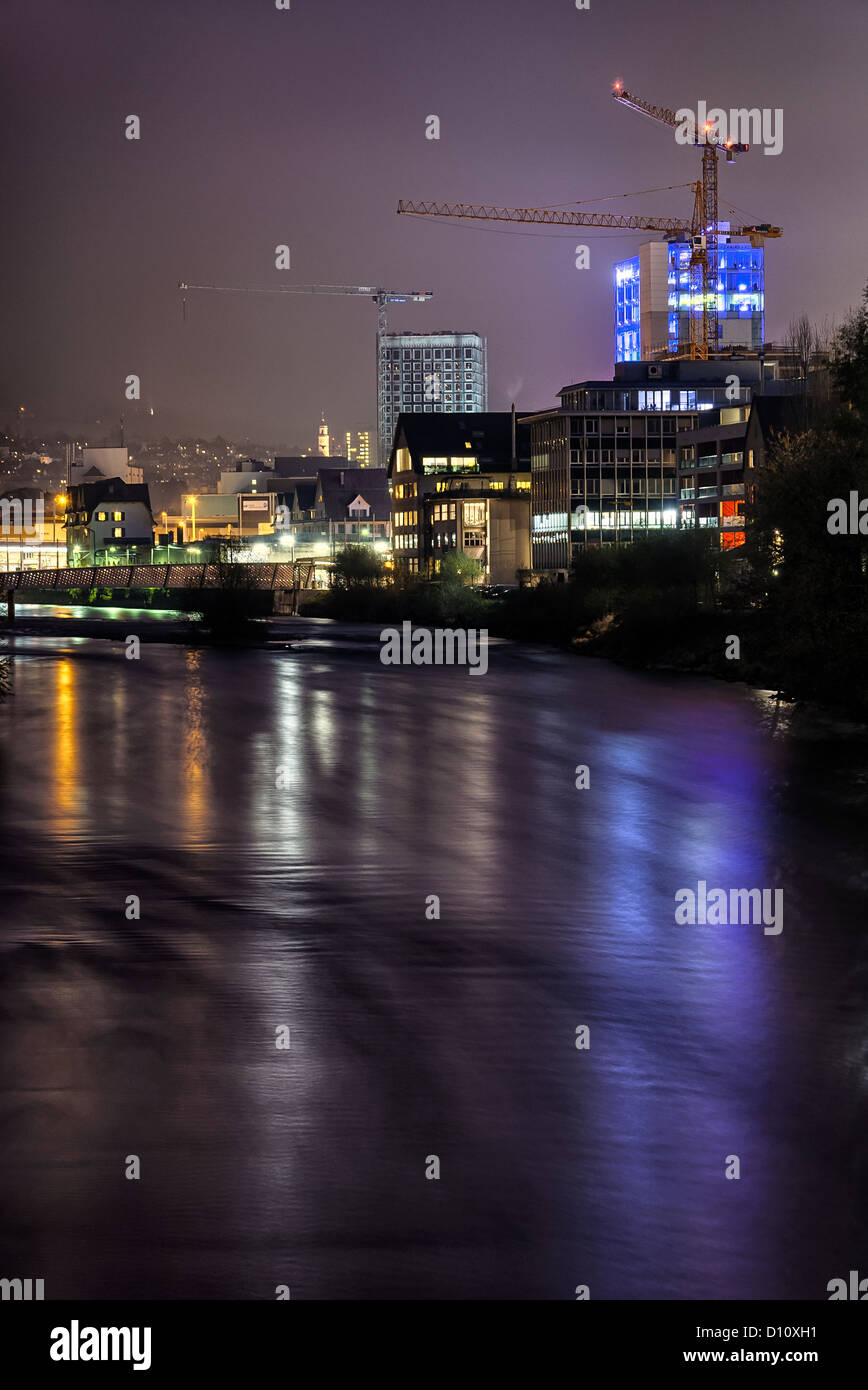 Construction sites at night along the river in Zurich, Switzerland ...
