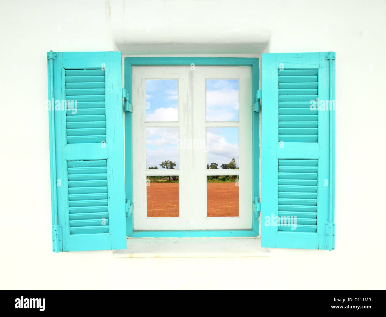 Greek style windows with nature country view Stock Photo - Alamy