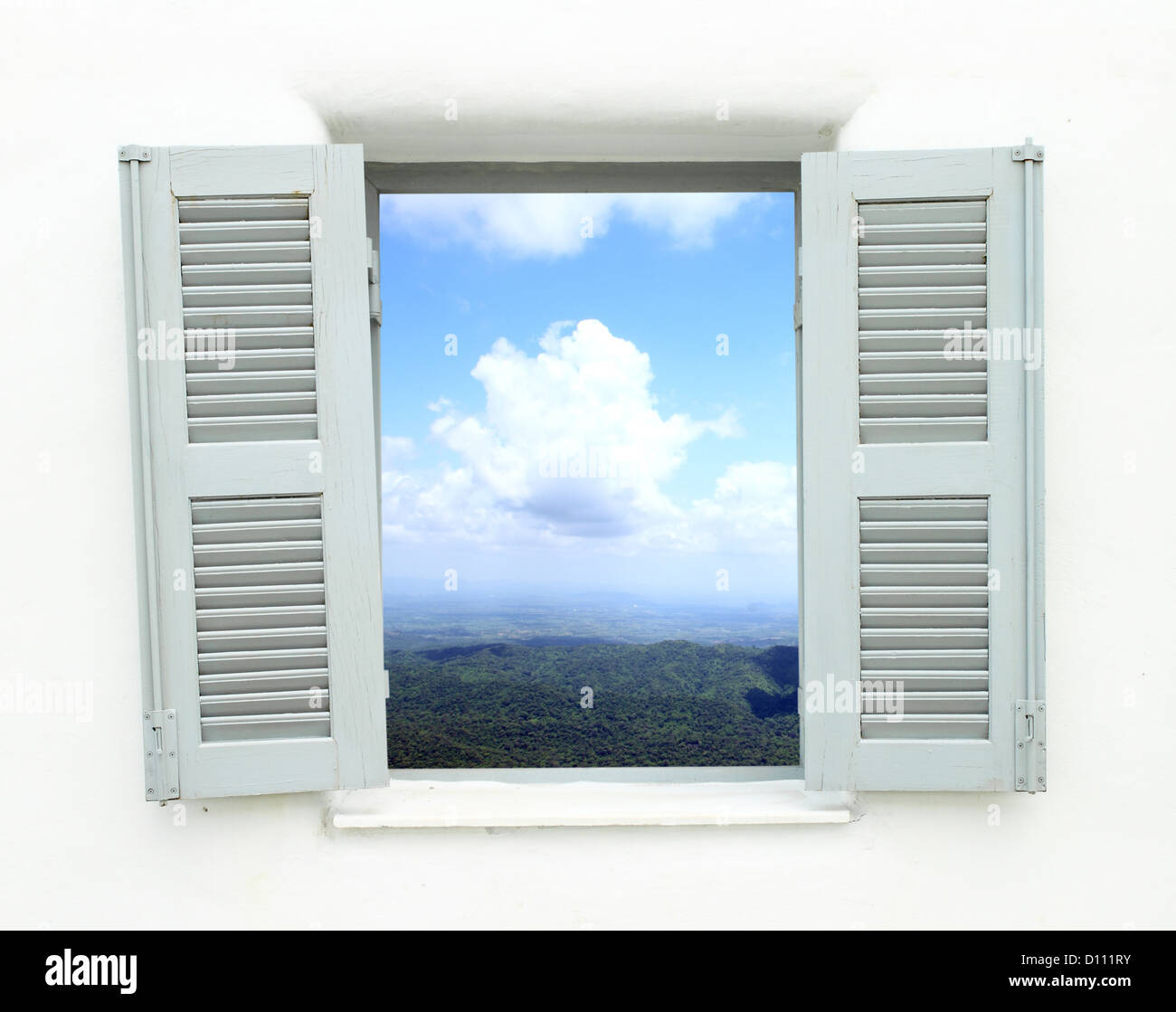 Greek style window with mountain and sky view Stock Photo - Alamy