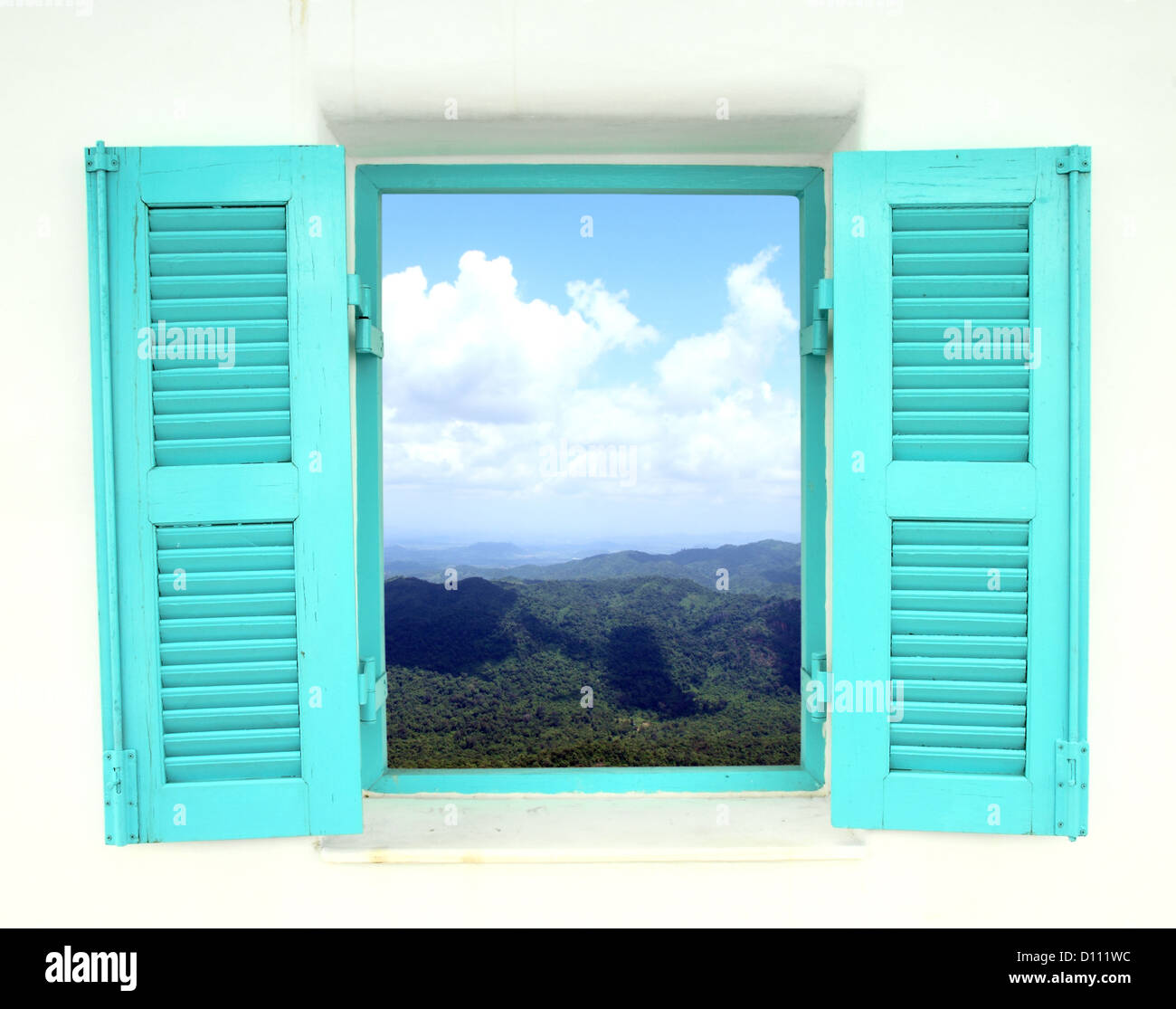 blue Greek style window with mountain and sky view Stock Photo - Alamy