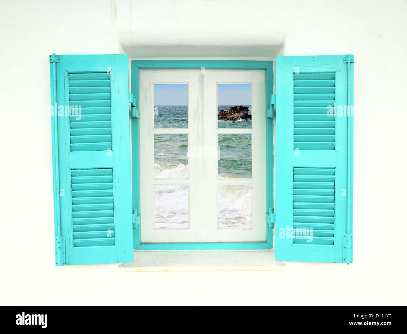 blue Greek style window with sea view Stock Photo - Alamy