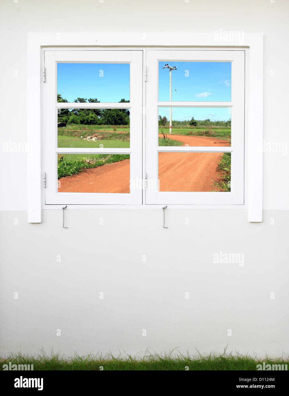 white wooden window with soil curve road view Stock Photo - Alamy
